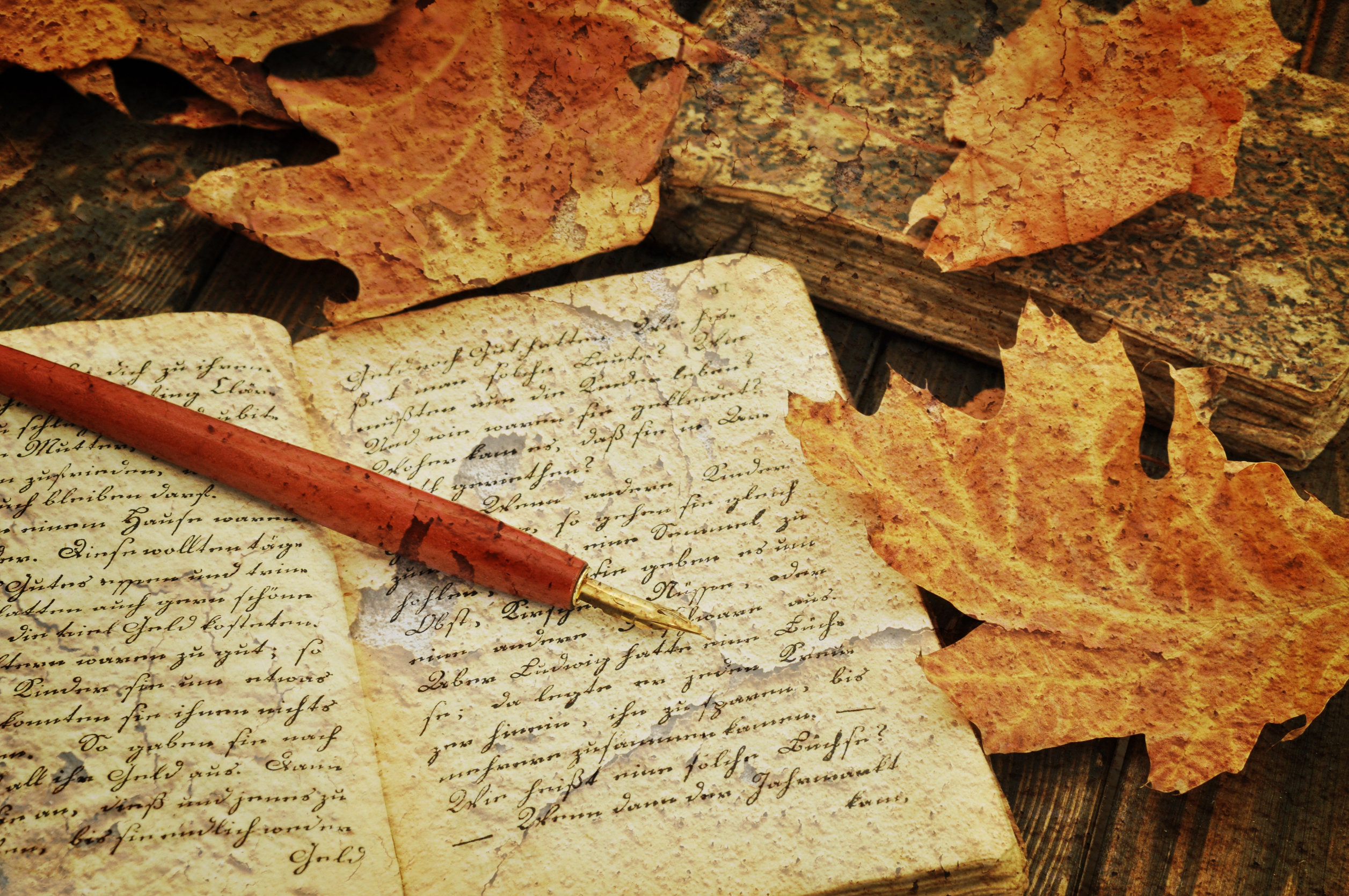 Fountain pen on old handwritten book with autumn leaves - Writers ...
